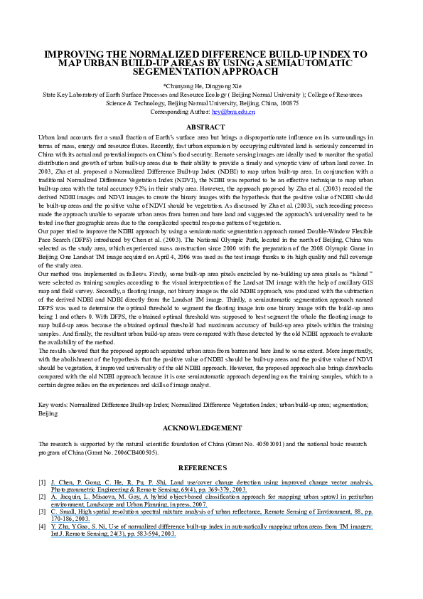 Pdf Improving The Normalized Difference Built Up Index To Map Urban Built Up Areas Using A