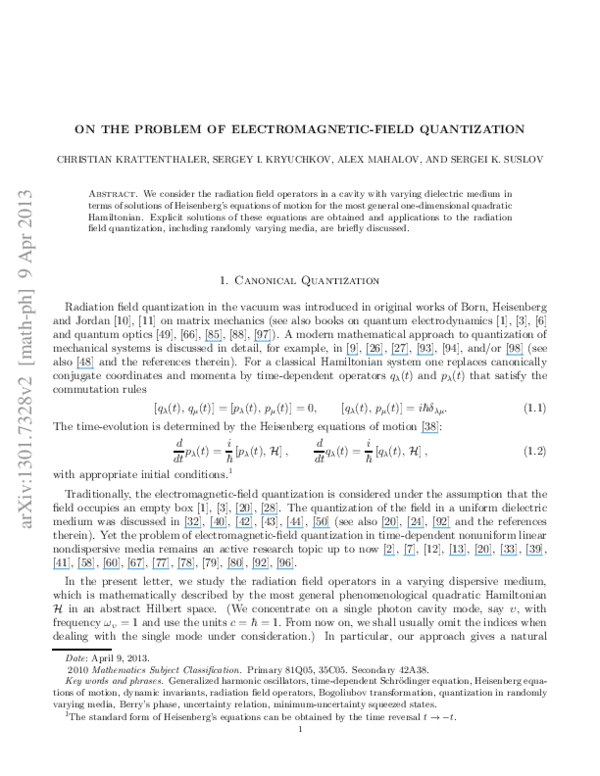(PDF) On the Problem of Electromagnetic-Field Quantization