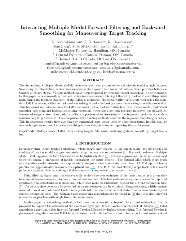 Pdf Interacting Multiple Model Forward Filtering And Backward Smoothing For Maneuvering Target