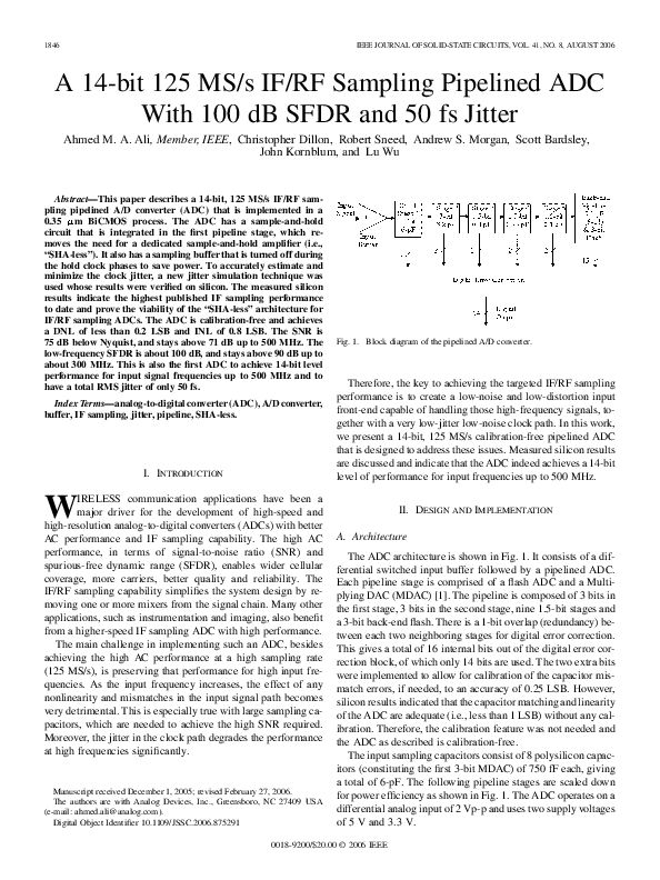 (PDF) A 14-bit 125 MS/s IF/RF Sampling Pipelined ADC With 100 dB SFDR and 50 fs Jitter