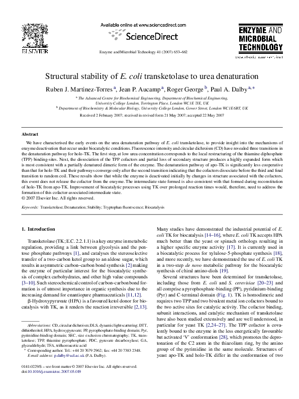 (PDF) Structural stability of E. coli transketolase to urea denaturation