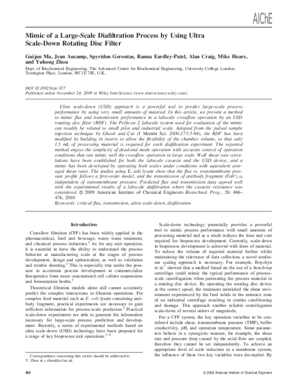 (PDF) Mimic of a large-scale diafiltration process by using ultra scale ...