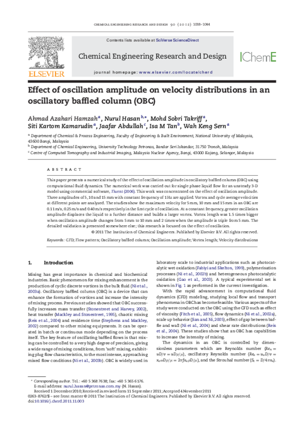 (PDF) EFFECT OF OSCILLATION AMPLITUDE ON VELOCITY DISTRIBUTIONS IN AN OSCILLATORY BAFFLED COLUMN ...