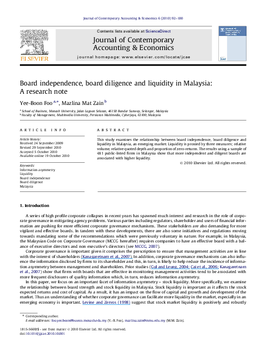 (PDF) Board independence, board diligence and liquidity in Malaysia: A research note