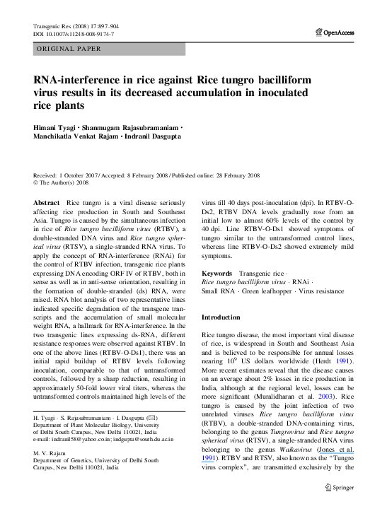 (PDF) RNA-interference in rice against Rice tungro bacilliform virus ...