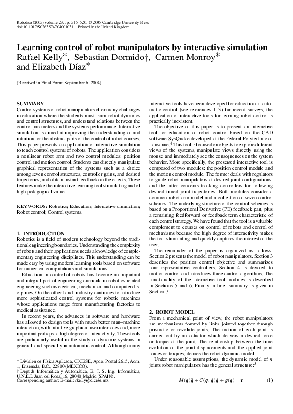 Pdf Learning Control Of Robot Manipulators By Interactive Simulation