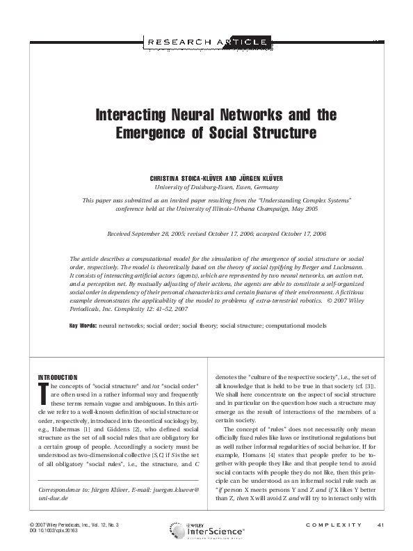 (PDF) Interacting neural networks and the emergence of social structure