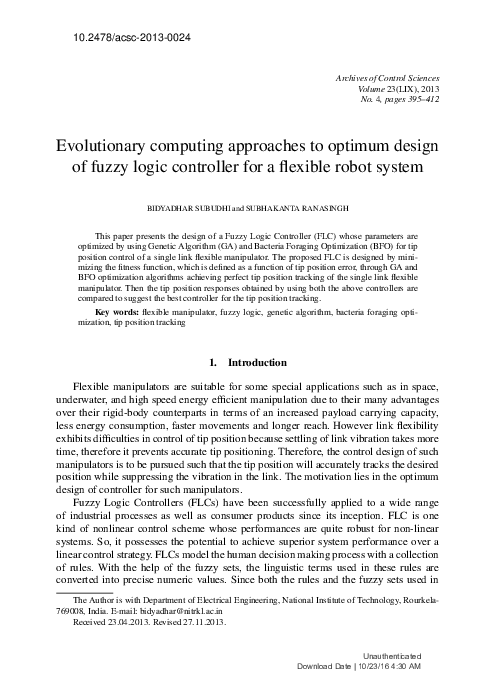 Pdf Evolutionary Computing Approaches To Optimum Design Of Fuzzy Logic Controller For A