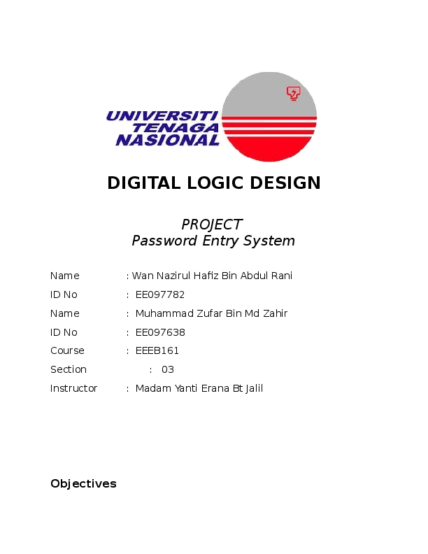(DOC) DIGITAL LOGIC DESIGN PROJECT Password Entry System