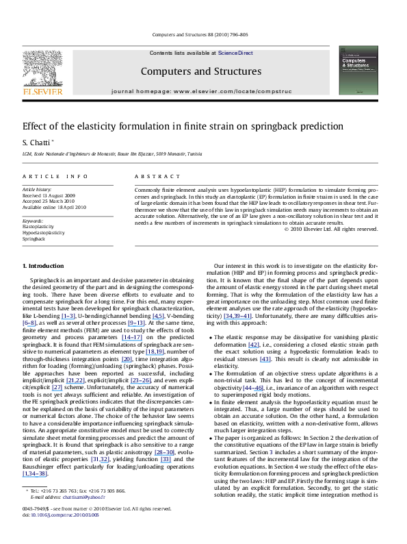 Pdf Effect Of The Elasticity Formulation In Finite Strain On Springback Prediction