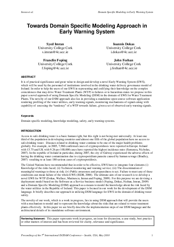 (PDF) Towards Domain Specific Modeling Approach in Early Warning System | Syed Imran - Academia.edu