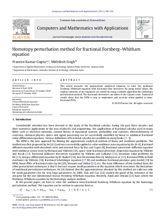 Pdf Homotopy Perturbation Method For Fractional Fornberg Whitham Equation