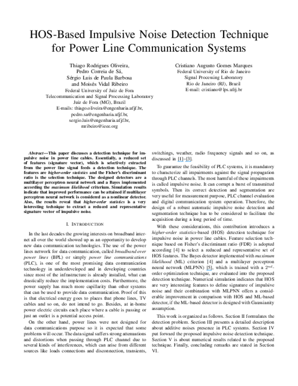 (PDF) HOS-based impulsive noise detection technique for power line communication systems