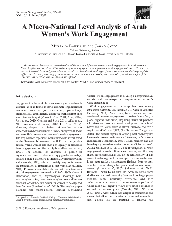 (PDF) A macro-national level analysis of Arab women's work engagement