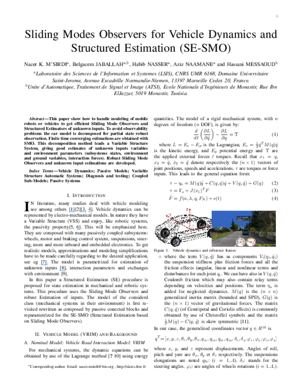 Pdf Sliding Modes Observers For Vehicle Dynamics And Structured Estimation Se Smo Aziz