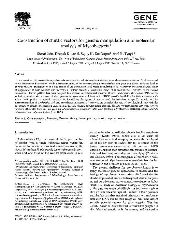 (PDF) Construction of shuttle vectors for genetic manipulation and molecular analysis of ...