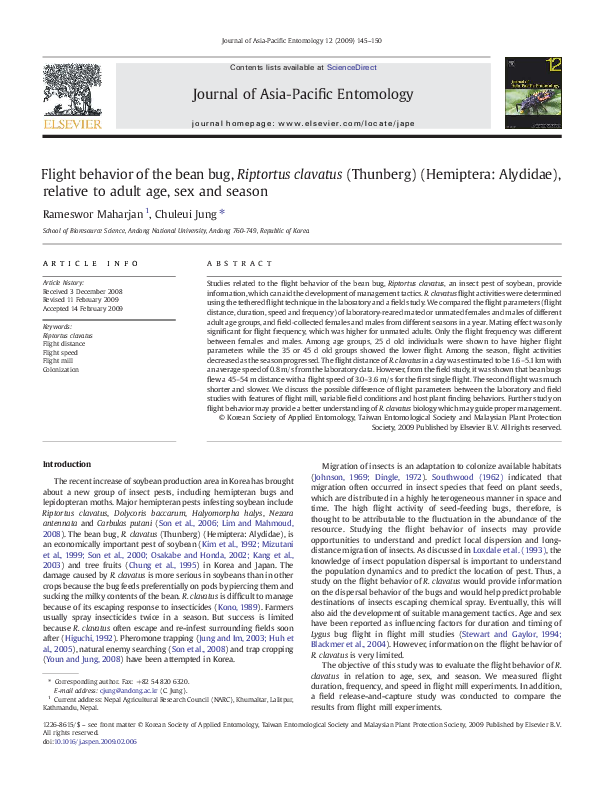 Pdf Flight Behavior Of The Bean Bug Riptortus Clavatus Thunberg