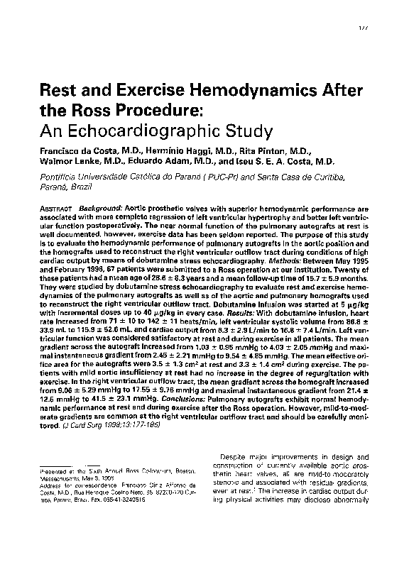 (PDF) Rest and Exercise Hemodynamics After the Ross Procedure: An ...