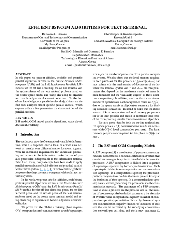 Pdf Efficient Bsp Cgm Algorithms For Text Retrieval