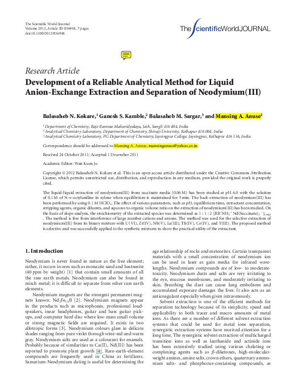 Pdf Development Of An Reliable Analytical Method For Synergistic Extractive Spectrophotometric