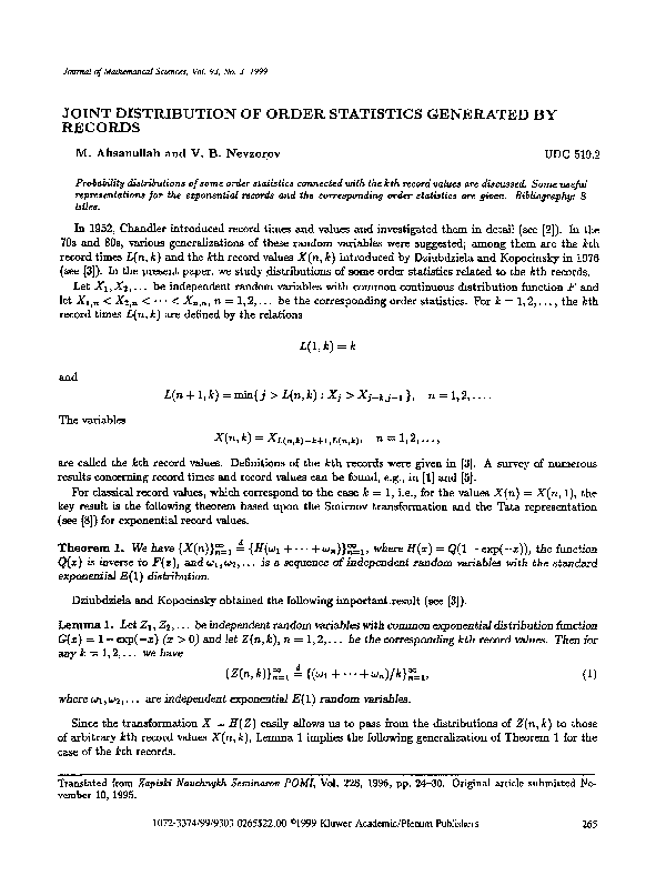 (PDF) Joint distribution of order statistics generated by records