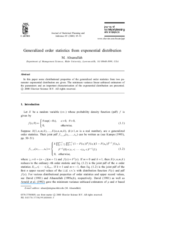 Pdf Generalized Order Statistics From Exponential Distribution