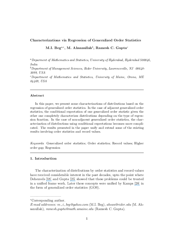 (PDF) Characterizations via regression of generalized order statistics