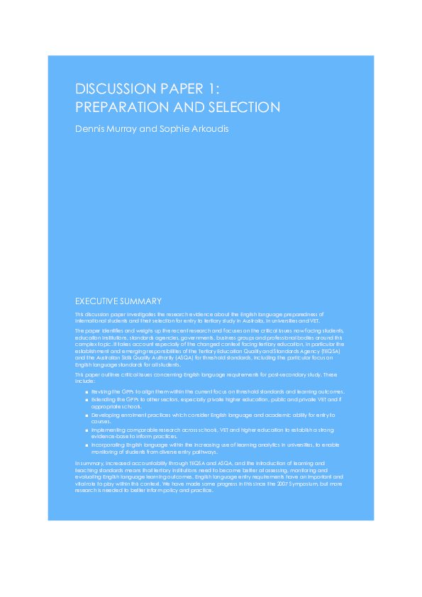 (PDF) Preparation and Selection. Discussion Paper prepared for a ...