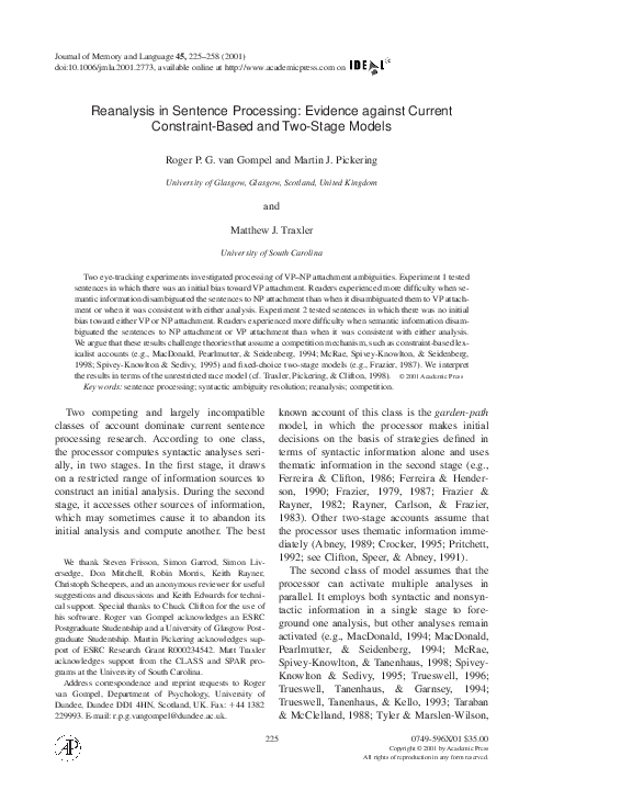 (PDF) Reanalysis in Sentence Processing: Evidence against Current Constraint-Based and Two-Stage ...