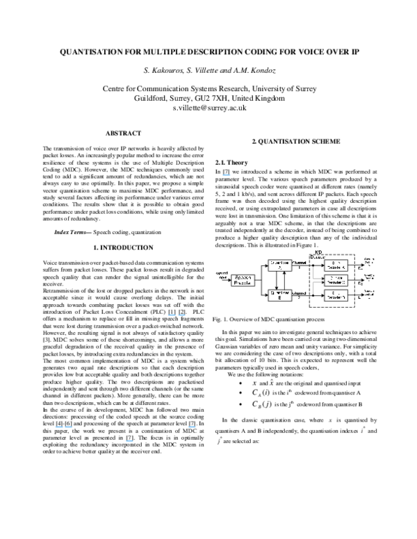 Pdf Quantisation For Multiple Description Coding For Voice Over Ip Sofoklis Kakouros