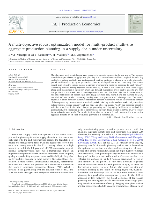 Pdf A Multi Objective Robust Optimization Model For Multi Product Multi Site Aggregate