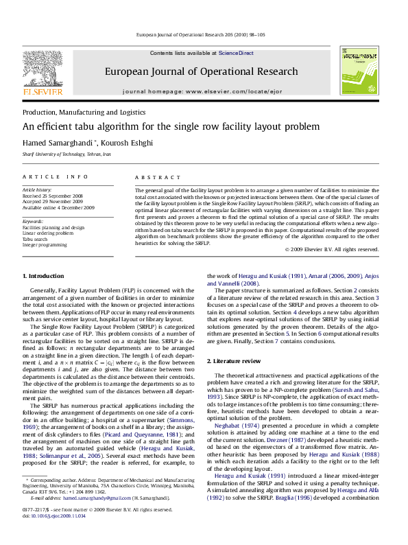 Pdf An Efficient Tabu Algorithm For The Single Row Facility Layout Problem Kourosh Eshghi