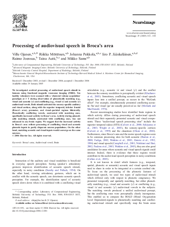 (PDF) Processing of audiovisual speech in Broca's area