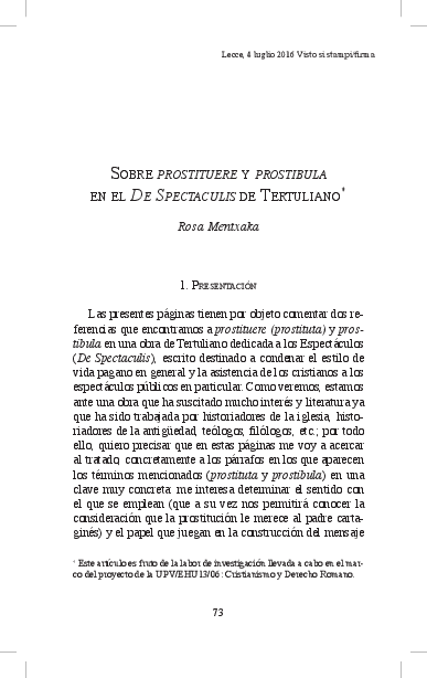 Mentxaka Rosa, SOBRE PROSTITUERE Y PROSTIBULA EN EL DE SPECTACULIS DE ...