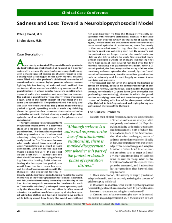 (PDF) Sadness and Loss: Toward a Neurobiopsychosocial Model