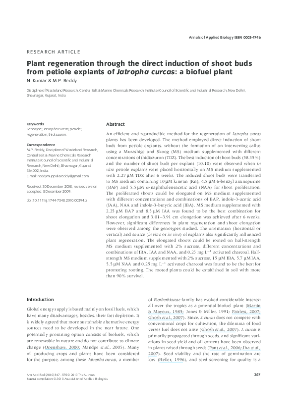 Pdf Shoot Regeneration From Cotyledonary Leaf Explants Of Jatropha