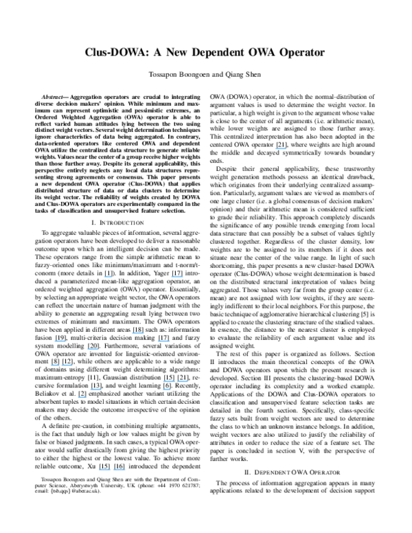 (PDF) Clus-DOWA: A new dependent OWA operator