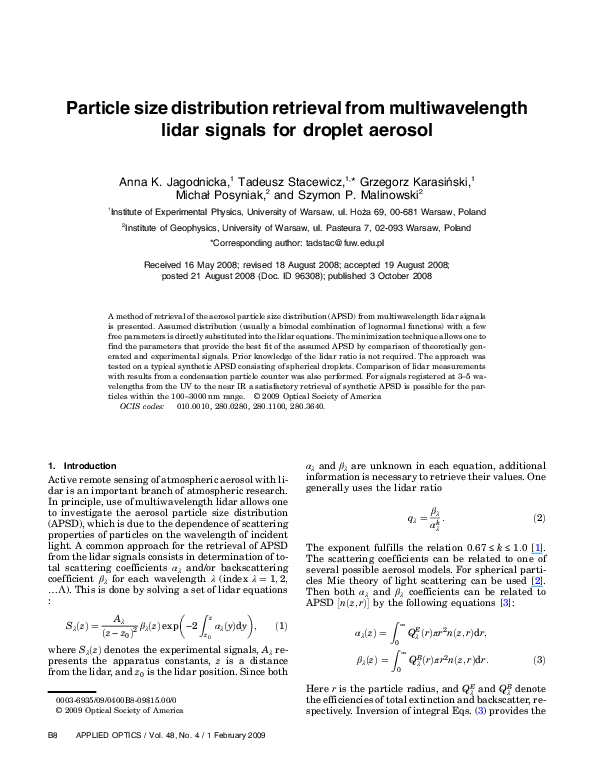 (PDF) Particle size distribution retrieval from multiwavelength lidar signals for droplet aerosol