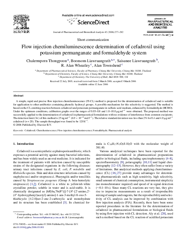Pdf Flow Injection Chemiluminescence Determination Of Cefadroxil Using Potassium Permanganate