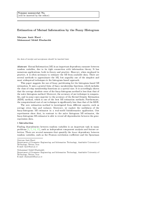 Pdf Estimation Of Mutual Information By The Fuzzy Histogram