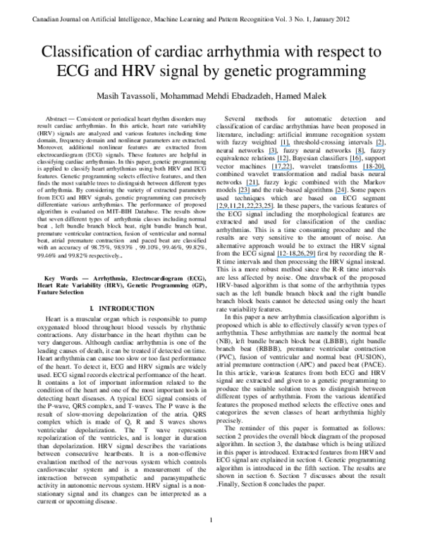 (PDF) Classification of cardiac arrhythmia with respect to ECG and HRV signal by genetic programming