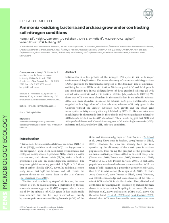 (PDF) Ammonia-oxidizing bacteria and archaea grow under contrasting ...