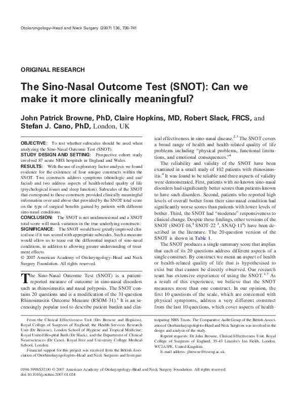 (PDF) The Sino-Nasal Outcome Test (SNOT): Can we make it more ...