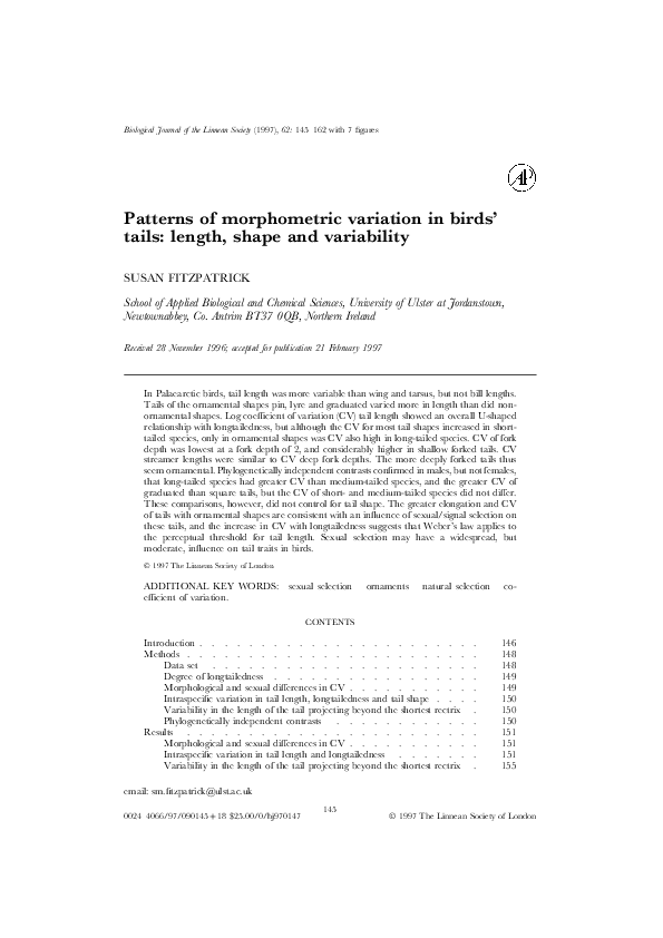 (PDF) Patterns of morphometric variation in birds' tails: length, shape ...