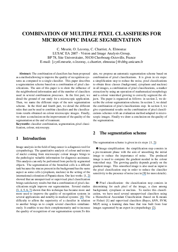Pdf Combination Of Multiple Pixel Classifiers For Microscopic Image Segmentation