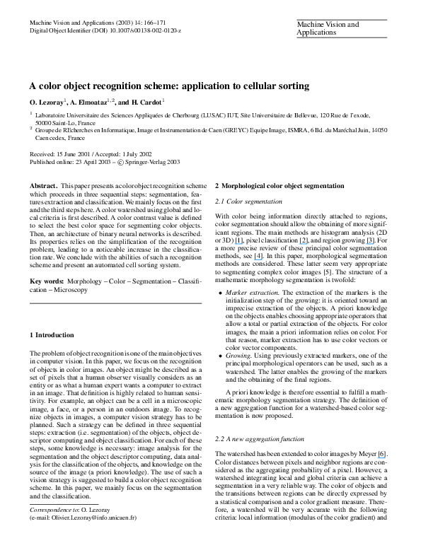 Pdf A Color Object Recognition Scheme Application To Cellular Sorting