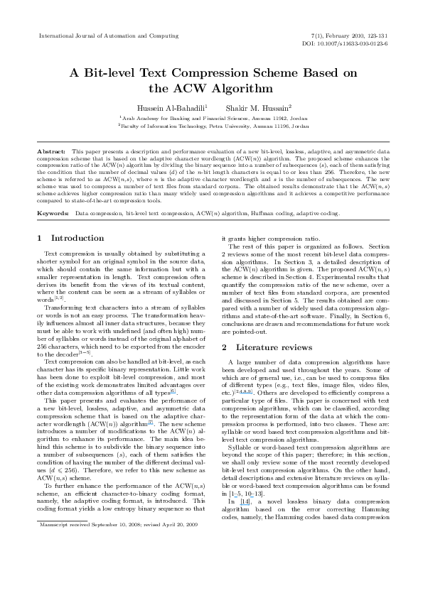 Pdf A Bit Level Text Compression Scheme Based On The Acw Algorithm 1986