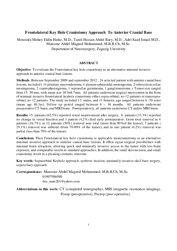 (PDF) Frontolateral Key Hole Craniotomy Approach To Anterior Cranial Base