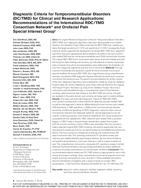 (PDF) Diagnostic Criteria for Temporomandibular Disorders (DC/TMD) for ...