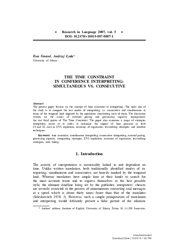 (PDF) The Time Constraint in Conference Interpreting: Simultaneous vs. Consecutive